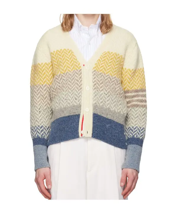 Thom Browne Striped Jacquard V-neck Cardigan - Nude