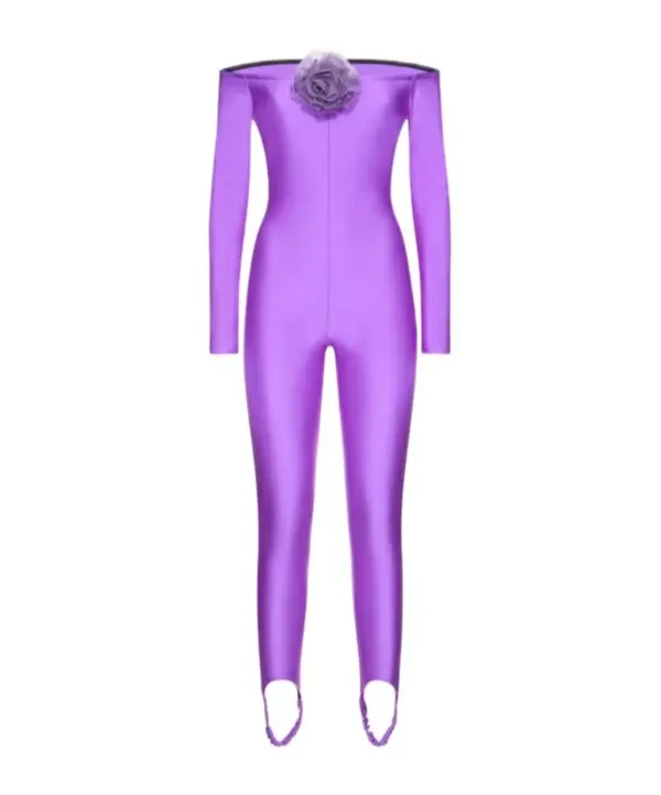 Giuseppe Di Morabito Shiny Elastic Knit Jumpsuit With Detachable Floral Applique - Purple