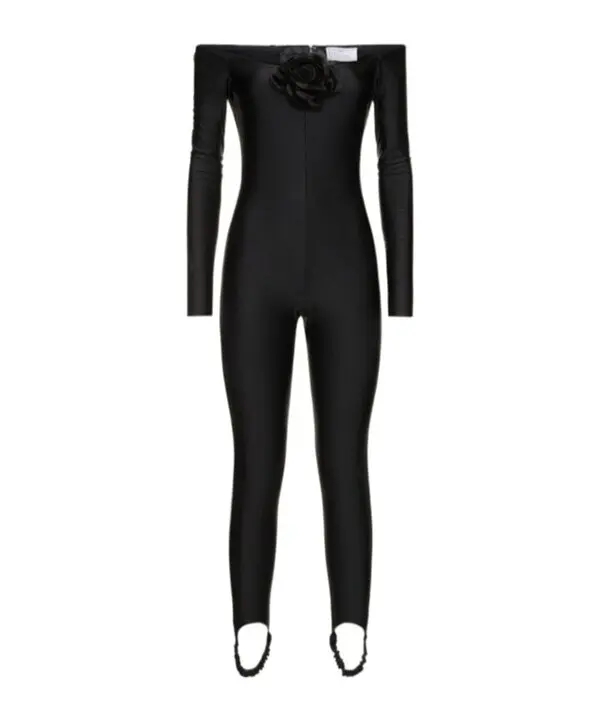 Giuseppe Di Morabito Off-the-shoulder Shiny Knit Jumpsuit With Detachable Floral Applique - Black
