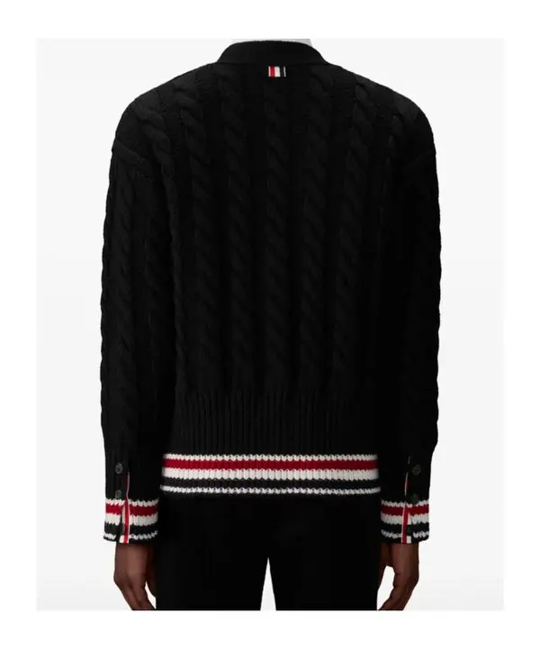 Thom Browne V-neck Cable Knit Cardigan With Stripe Detail