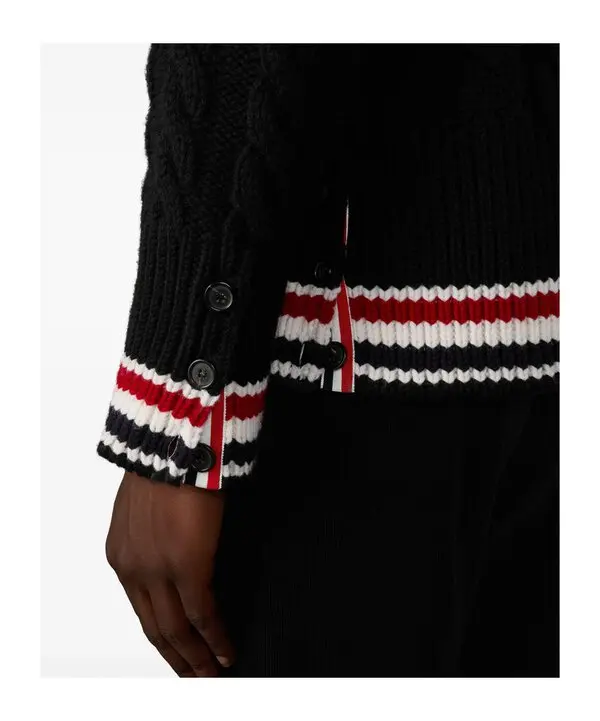 Thom Browne V-neck Cable Knit Cardigan With Stripe Detail