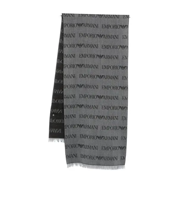 Emporio Armani Logo Patterned Fringed Scarf - Black/gray