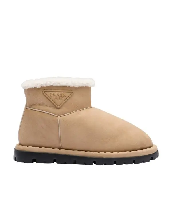 Prada Logo Triangle Round Toe Sheep Fur Boots