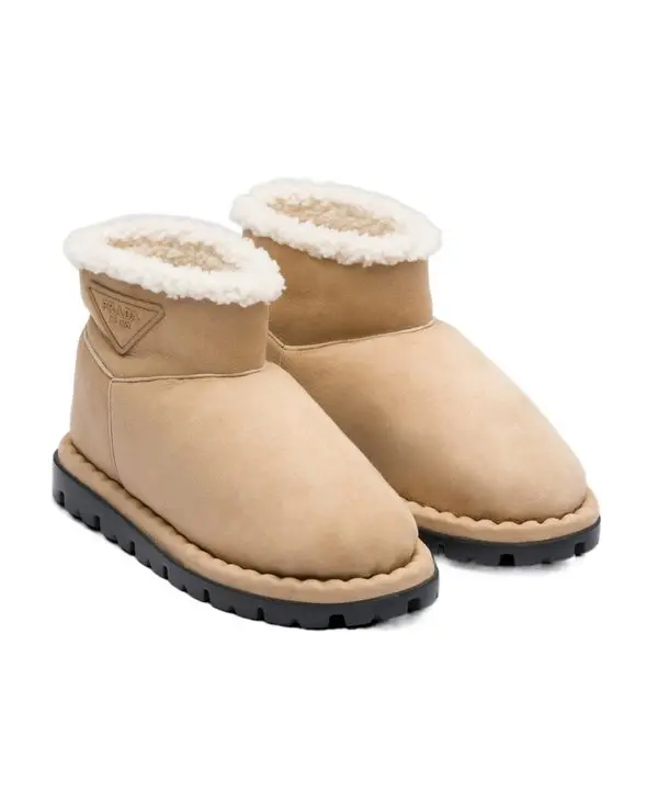 Prada Logo Triangle Round Toe Sheep Fur Boots