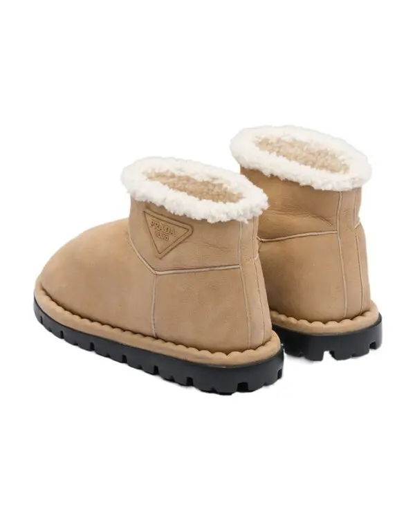 Prada Logo Triangle Round Toe Sheep Fur Boots