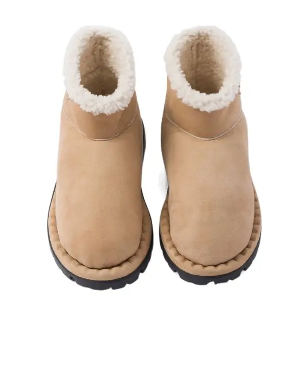 Prada Logo Triangle Round Toe Sheep Fur Boots