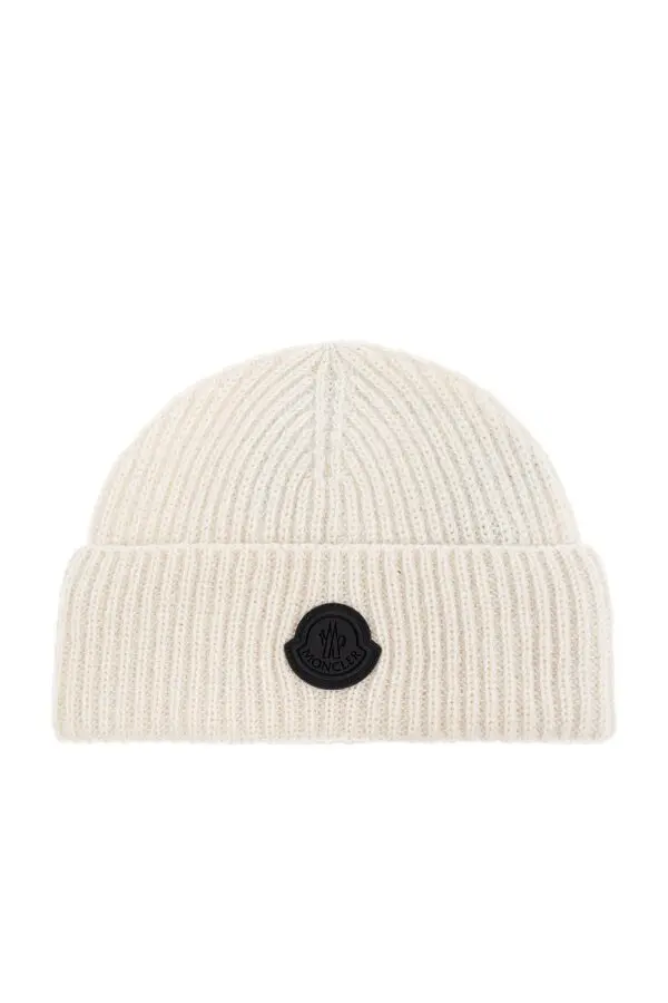 Moncler Ribbed Knit Beanie With Logo Patch - White