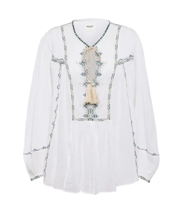 Isabel Marant Étoile Embroidered Tassel Tie Neck Blouse - White