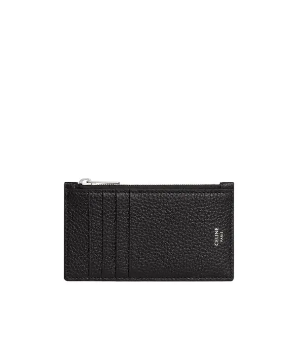 Celine Zipped Compact Card Holder In Grained Calfskin - Black