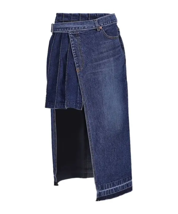 Sacai Overlapping Raw-cut Hem Denim Midi Skirt