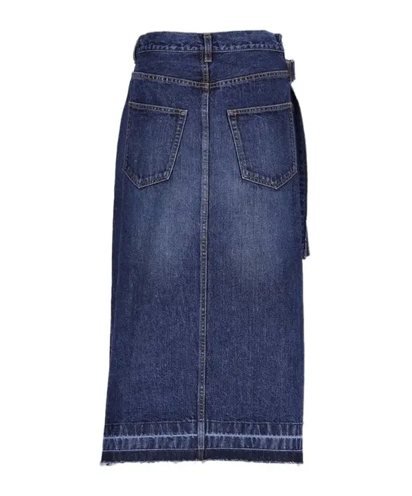 Sacai Overlapping Raw-cut Hem Denim Midi Skirt