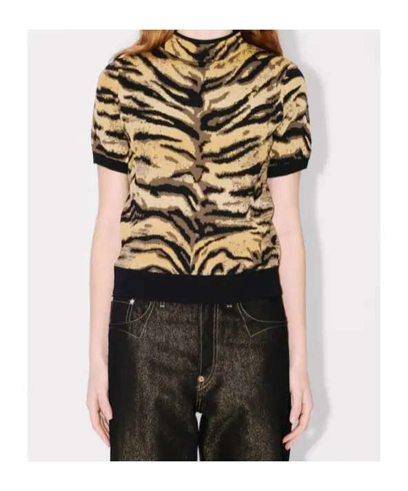 Kenzo Tiger Print Mock Neck Short Sleeve Top