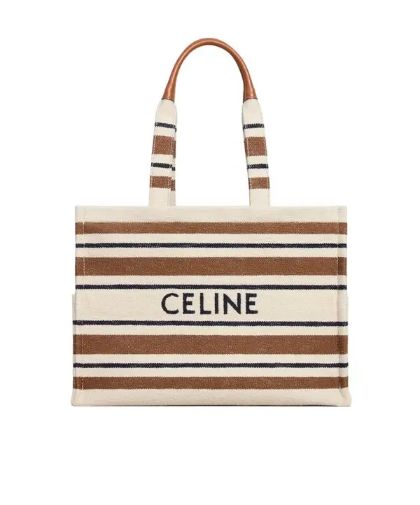 Celine Large Cabas Thais In Striped Textile With Jacquard - Nude