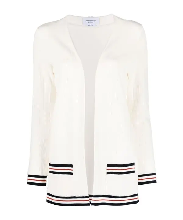 Thom Browne V-neck Striped Ribbed Long-sleeve Cardigan - White
