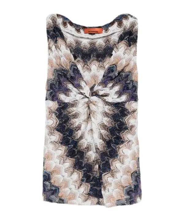 Missoni Sleeveless V-neck Twist-detail Chevron-pattern Knit Top - Gray