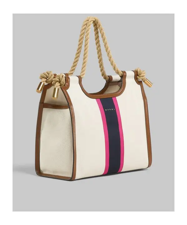 Marni Cream Canvas Tote Bag With Striped Detail - White