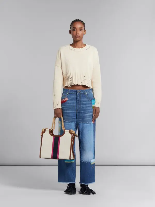 Marni Cream Canvas Tote Bag With Striped Detail