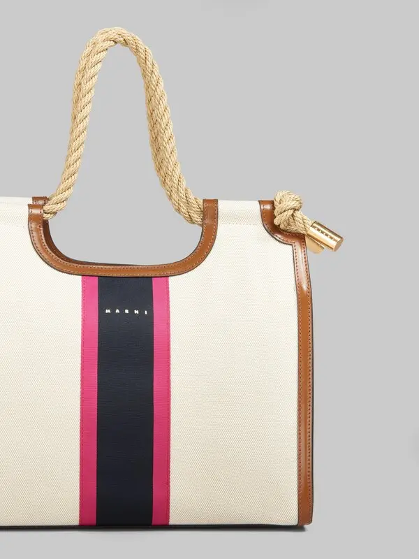 Marni Cream Canvas Tote Bag With Striped Detail