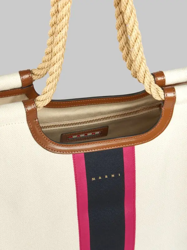 Marni Cream Canvas Tote Bag With Striped Detail
