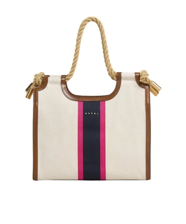 Marni Cream Canvas Tote Bag With Striped Detail - White