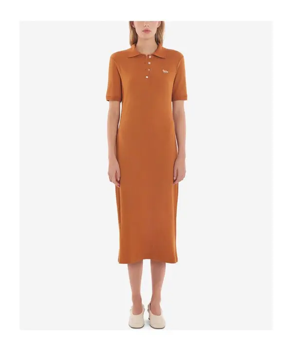 Maison Kitsuné Ribbed Knit Polo Midi Dress