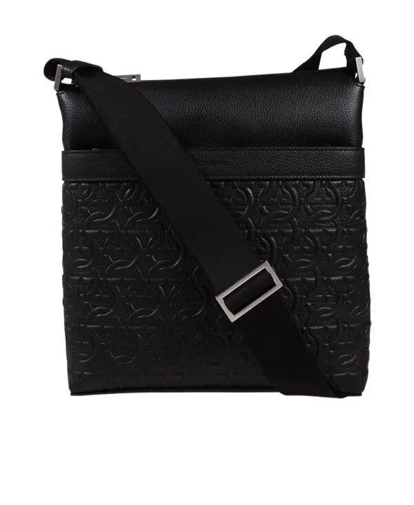 FERRAGAMO Gancini Embossed Leather Messenger Bag - Black