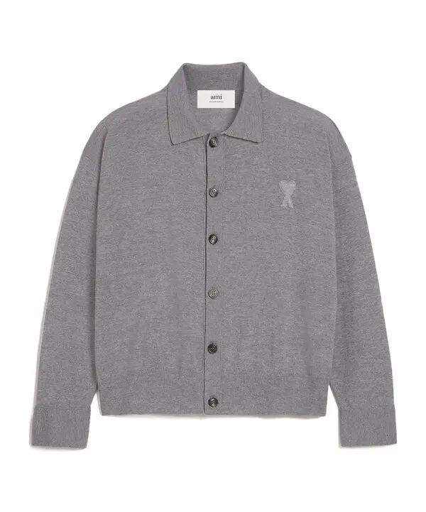 Ami Long-sleeved Button-up Cardigan With De Coeur Embroidery