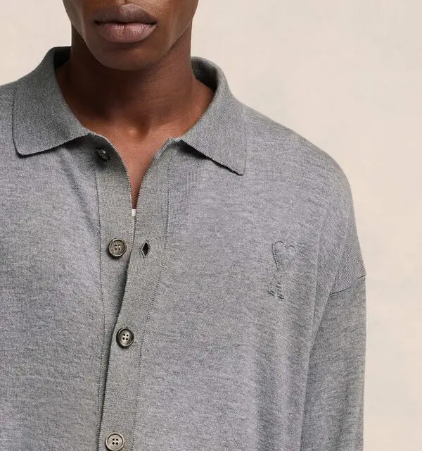 Ami Long-sleeved Button-up Cardigan With De Coeur Embroidery