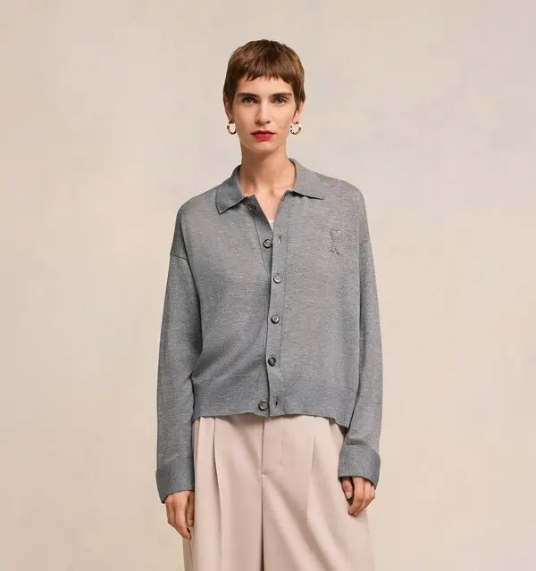 Ami Long-sleeved Button-up Cardigan With De Coeur Embroidery