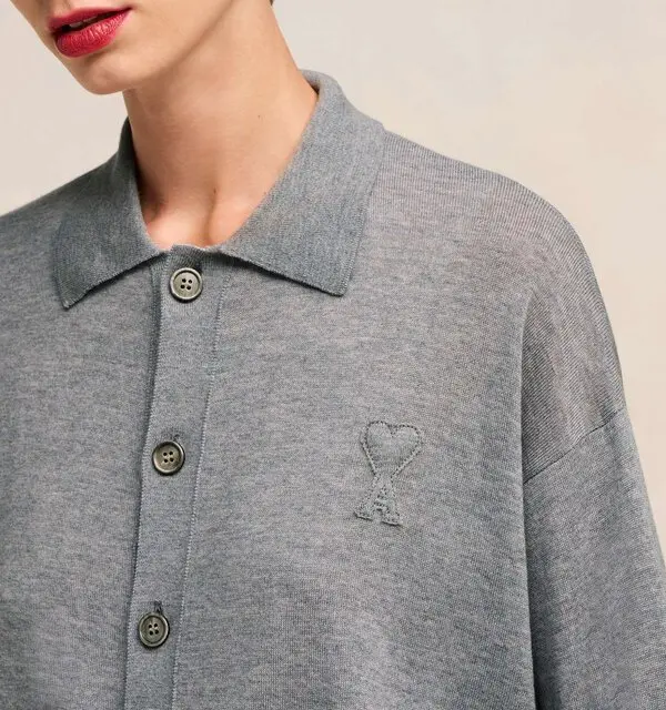 Ami Long-sleeved Button-up Cardigan With De Coeur Embroidery