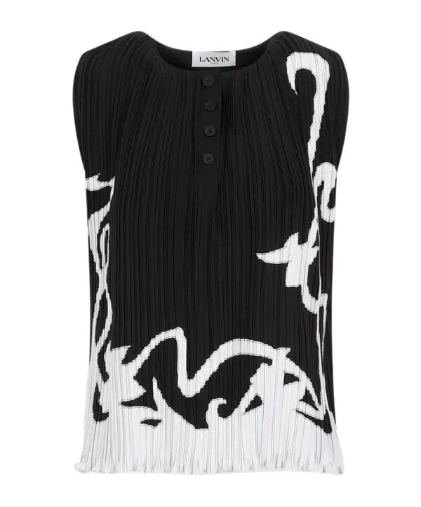 LANVIN Abstract Print Pleated Sleeveless Blouse - Black