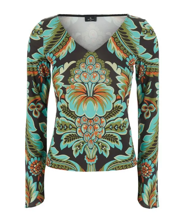 Etro Floral-print Bell-sleeve V-neck T-shirt