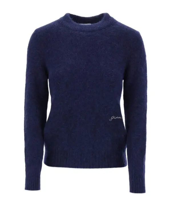 GANNI Embroidered Crewneck Knitted Jumper - Dark Blue