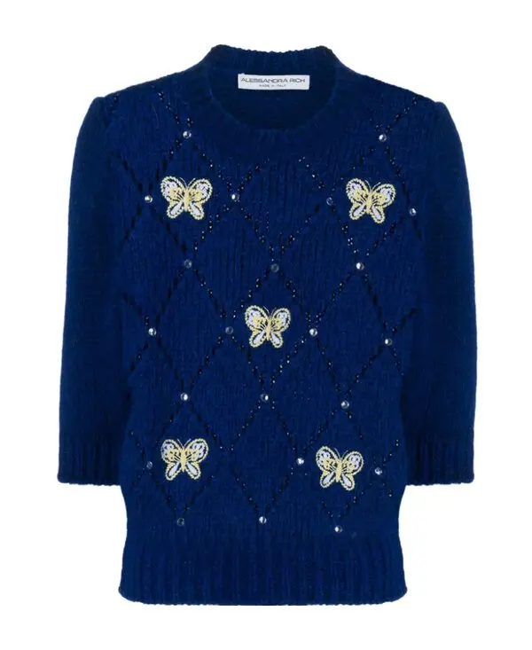 Alessandra Rich Wool Knit Pullover With Butterfly Appliqu