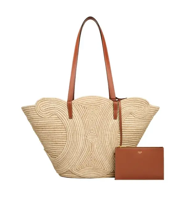 Celine Classic Panier Medium Braided Raffia And Calfskin Tote