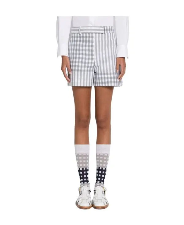 Thom Browne Gingham Check Tailored Shorts With Signature Stripe Detail