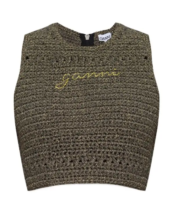GANNI Crochet-knit Zip-up Cropped Top - Green