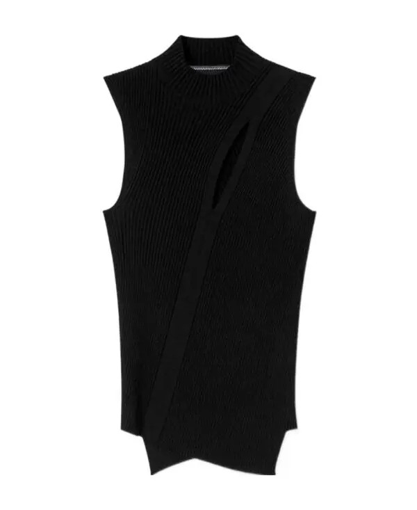 Versace Sleeveless Ribbed Knit Top With Asymmetrical Hem