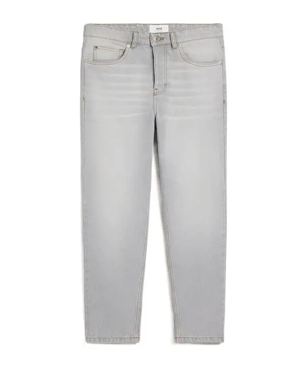 AMI Paris Straight Leg Jeans With Logo Patch - Gray