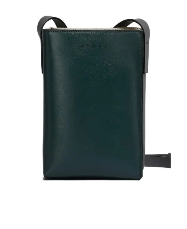 Marni Logo Debossed Leather Crossbody Bag - Green