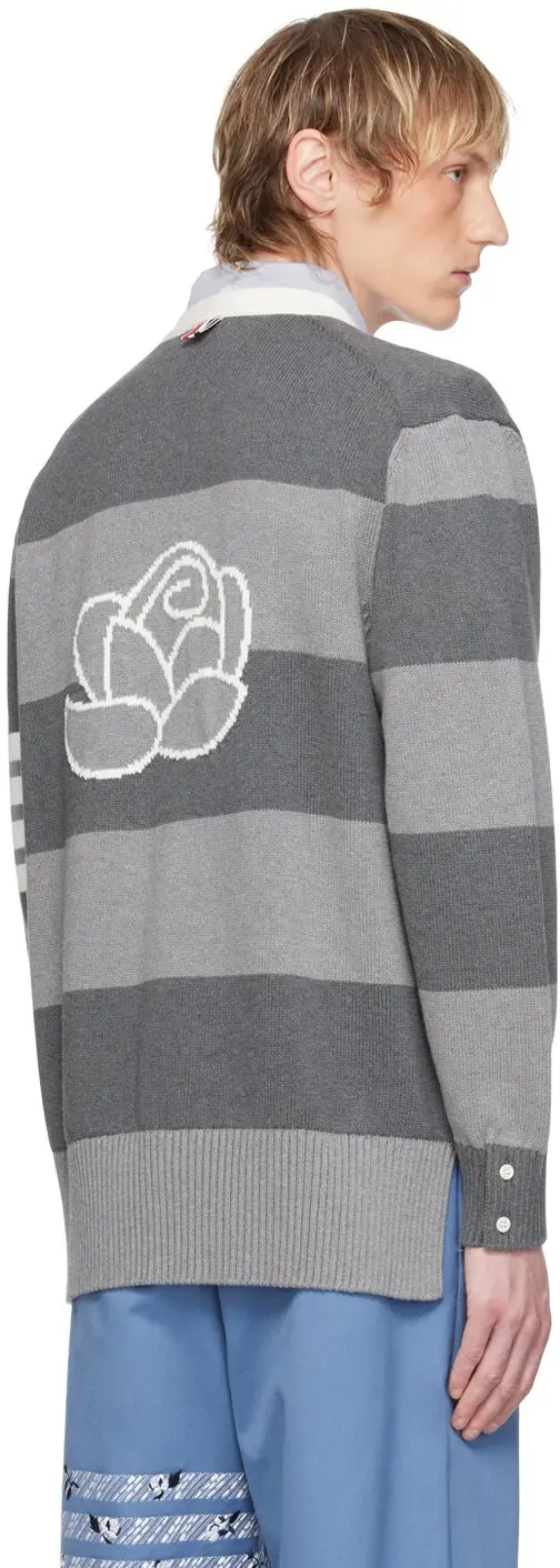 Thom Browne Grey Striped Intarsia Floral Back Cardigan - Gray