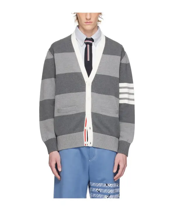 Thom Browne Grey Striped Intarsia Floral Back Cardigan