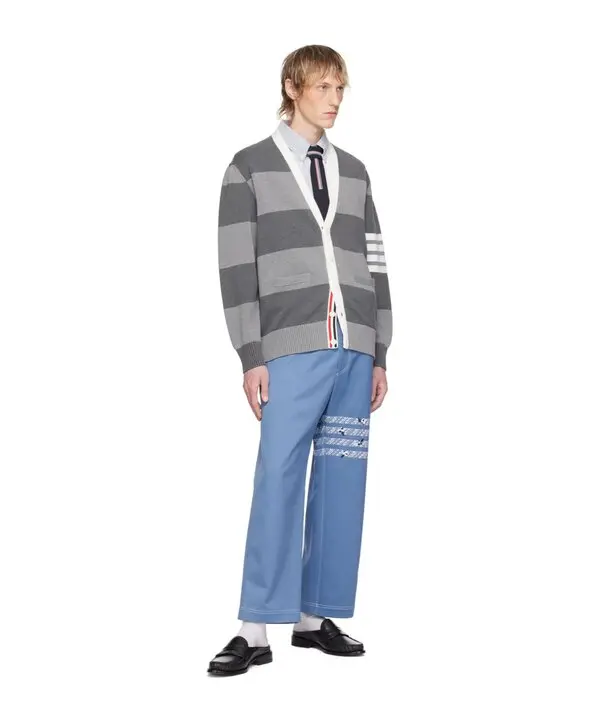 Thom Browne Grey Striped Intarsia Floral Back Cardigan
