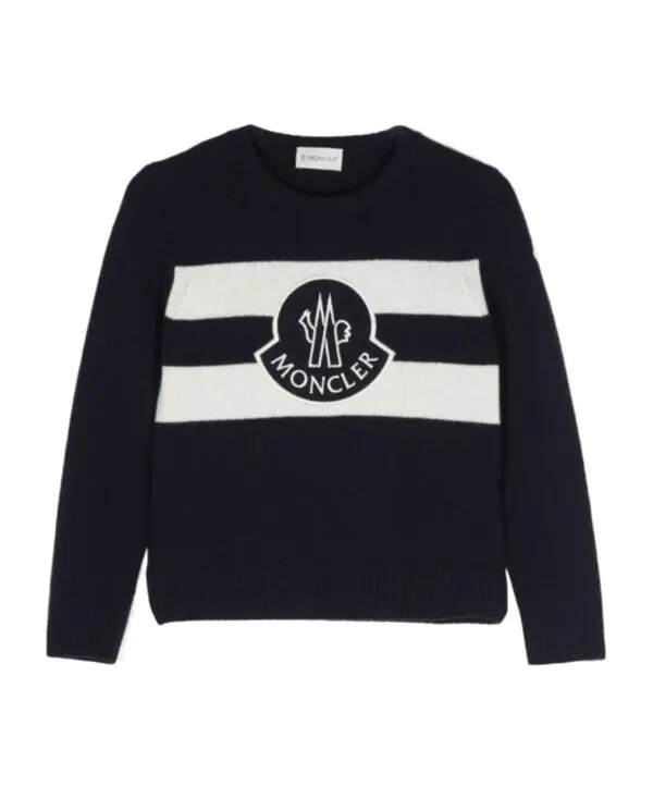 Moncler Logo Patch Striped Crewneck Jumper - Navy Blue