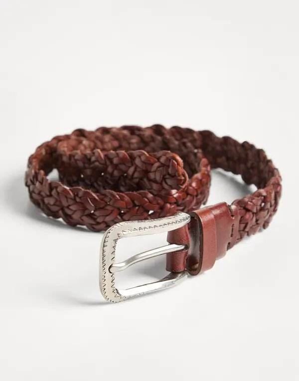 Brunello Cucinelli Braided Leather Belt With Engraved Buckle - Brown
