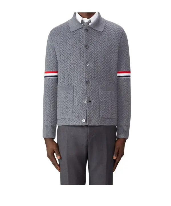 Thom Browne Herringbone Quilted Work Jacket With Signature Striped Cardigan Armband - Medium Grey