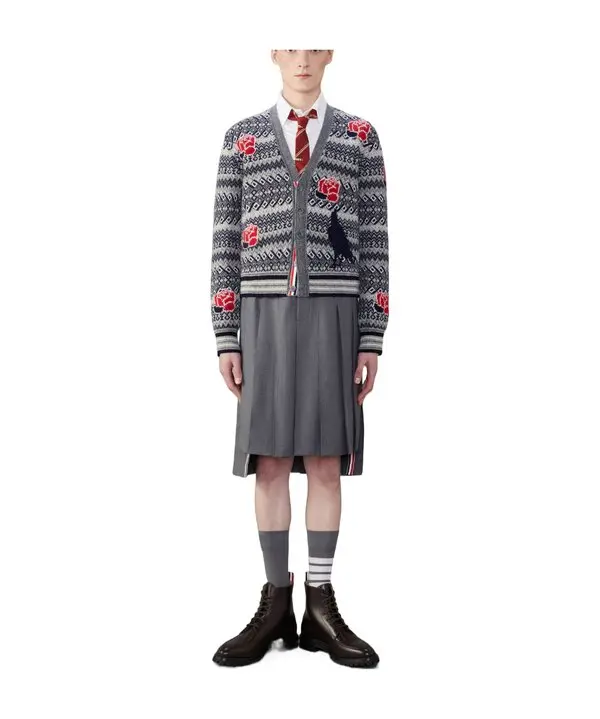Thom Browne V-neck Rose And Raven Knitted Cardigan