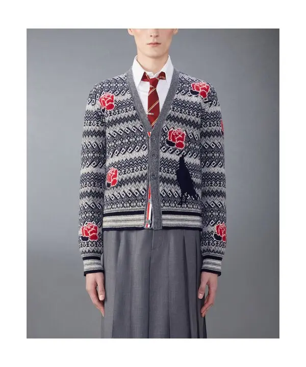 Thom Browne V-neck Rose And Raven Knitted Cardigan