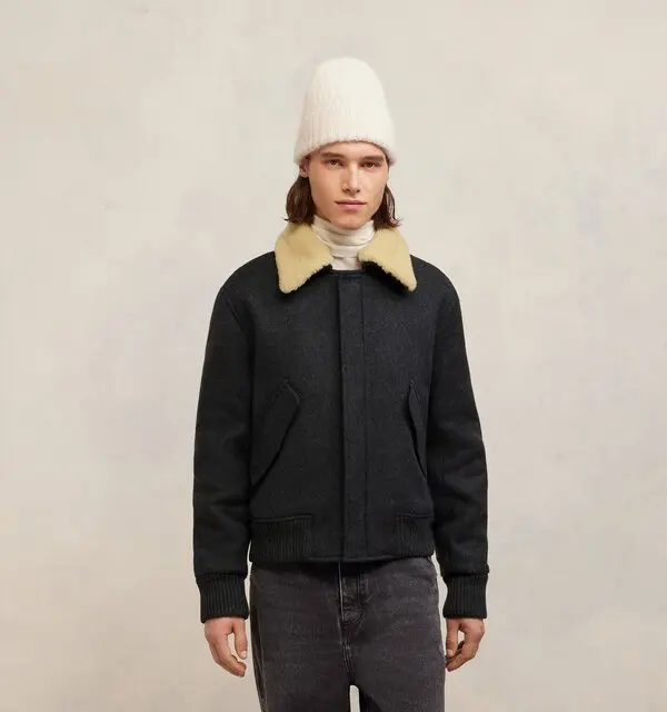 Ami Shearling Collar Wool Bomber Jacket