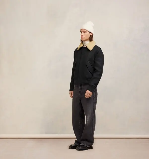 Ami Shearling Collar Wool Bomber Jacket